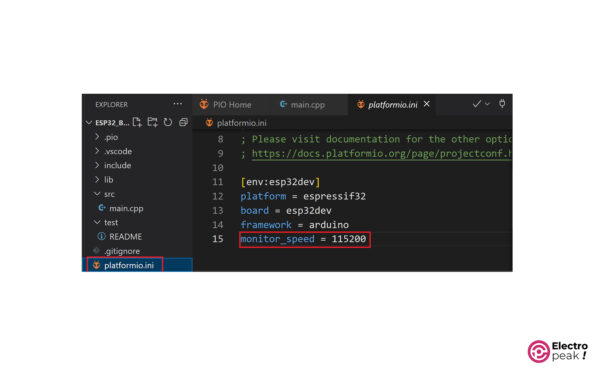 How to Select Port & Change Baud Rate in PlatformIO - Electropeak